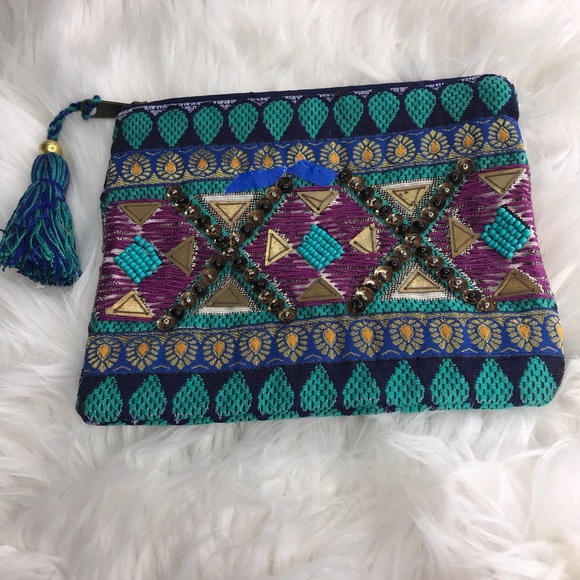 Bags | Coastal Boho Jeweled Trim Makeup Bag | Poshmark